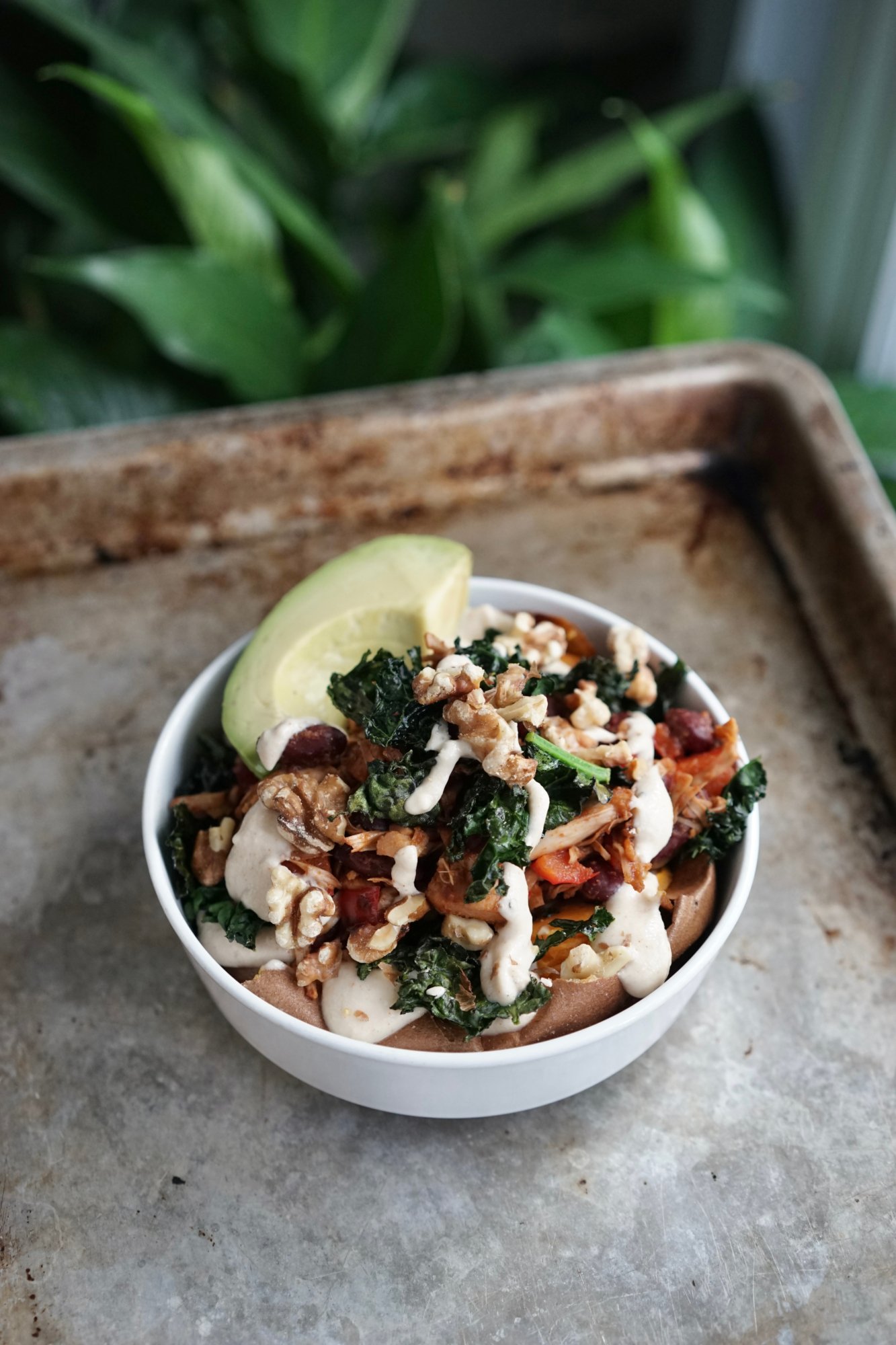 Baked Sweet Potato with BBQ Jackfruit, Crispy Kale & Tahini Sauce ...