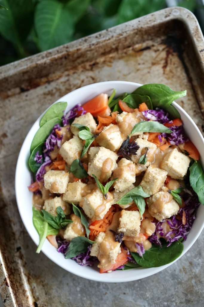 Crispy Baked Tofu & Raw Veggies with Peanut Miso Sauce | Living Healthy ...